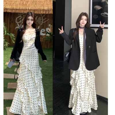 高级感+黑色西装针织开衫件套