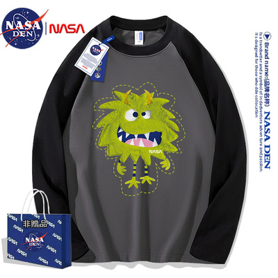 NASA联名美式休闲重磅纯棉长袖T恤男女款潮牌简约宽松百搭插肩袖