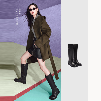 UR国内代购2025冬季女士钟楚曦同款时髦经典真皮长靴UAWS50116