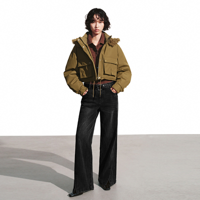 UR国内代购2025冬季女装流光风连帽毛领口袋羽绒外套UYV150066