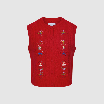 UR国内代购2025冬季女镂空花卉刺绣马甲无袖针织开衫UYU960016