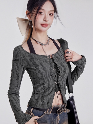 美式复古假两件挂脖短款上衣T恤