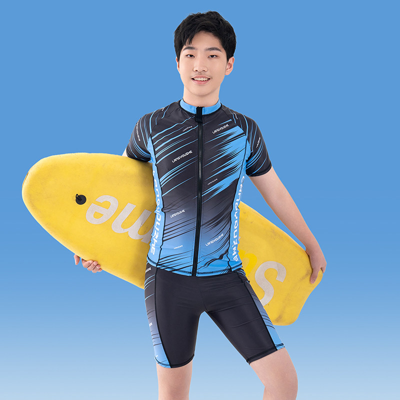 新款中大童游泳衣男童分体长袖五分裤防晒学生短袖大码韩版男泳装