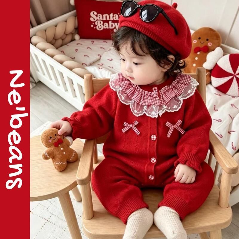 nebeans2026秋针织毛线衣女宝连身衣外出服喜庆红色抓周节日衣服