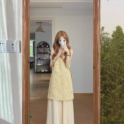 黄一粒 NORA STUDIO重工蝴蝶结钉珠小香风假两件连衣裙女夏无袖裙