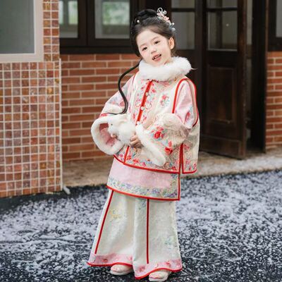 女童明制汉服冬季儿童拜年服改良冬款清汉加绒套装古风超仙格格服