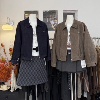 美式复古翻领宽松短款夹克外套女