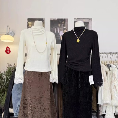 设计感高领细闪蕾丝袖加绒打底衫