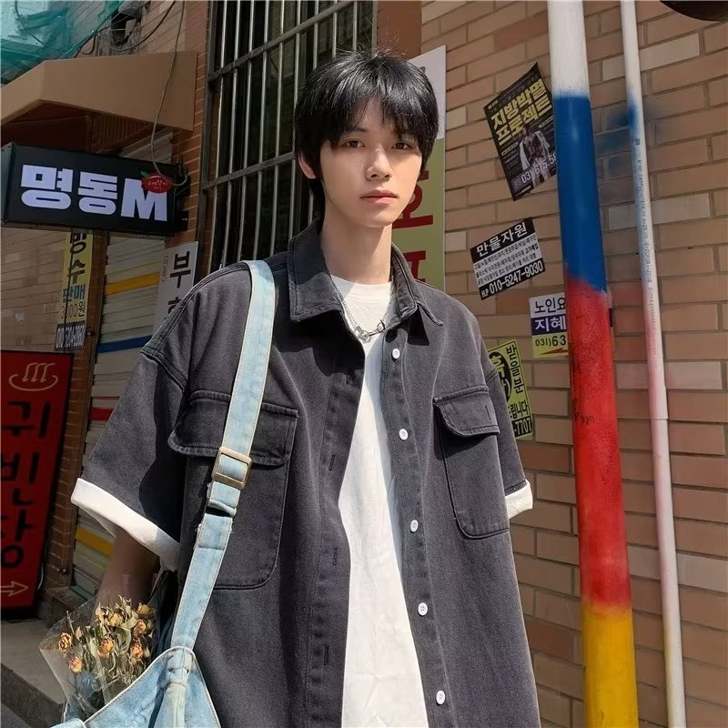 短袖牛仔衬衫男夏季美式潮牌痞帅宽松慵懒风情侣男装半袖衫外套潮