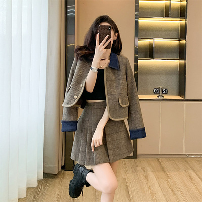 两件套小香风短外套两件套学院风减龄时尚套装高级套装裙女A2988