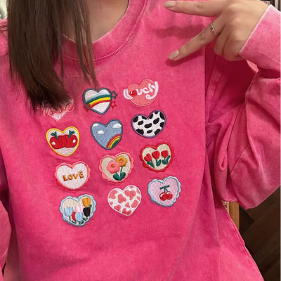 美式复古重磅色彩涂鸦刺绣长袖