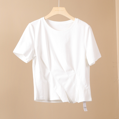 夏季白色慵懒短袖褶皱显瘦T恤