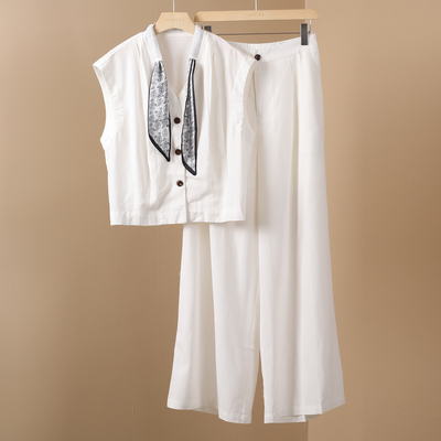 老钱风白色无袖通勤阔腿裤套装