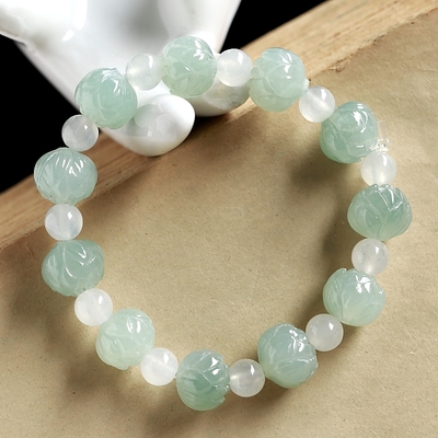 石之富天然翡翠A货冰种莲花手链手串28.28克