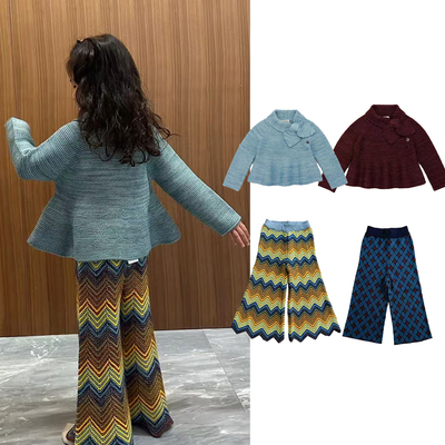 ins风25mp秋冬新款儿童女童复古风新款斜领蝴蝶结毛衣+针织阔腿裤
