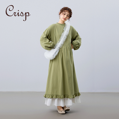 CRISP日系穿搭木耳边灯笼袖连衣裙春日少女纯棉长裙2025春季新款