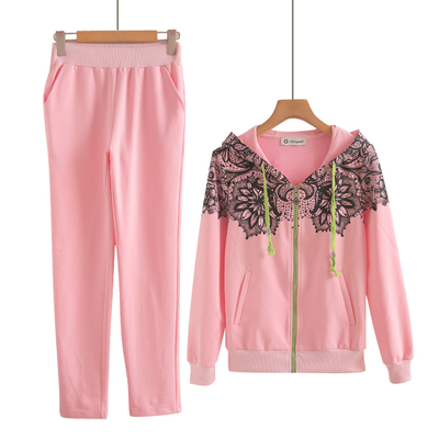 运动套装女2025秋季卫衣时尚玫红运动服休闲开衫两件套针织纯棉