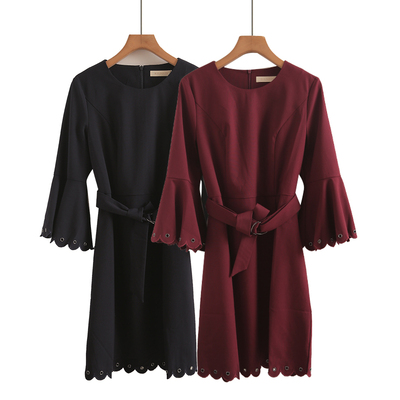 专柜869元【S】高端品牌女装时尚七分喇叭袖花边礼服连衣裙带腰带