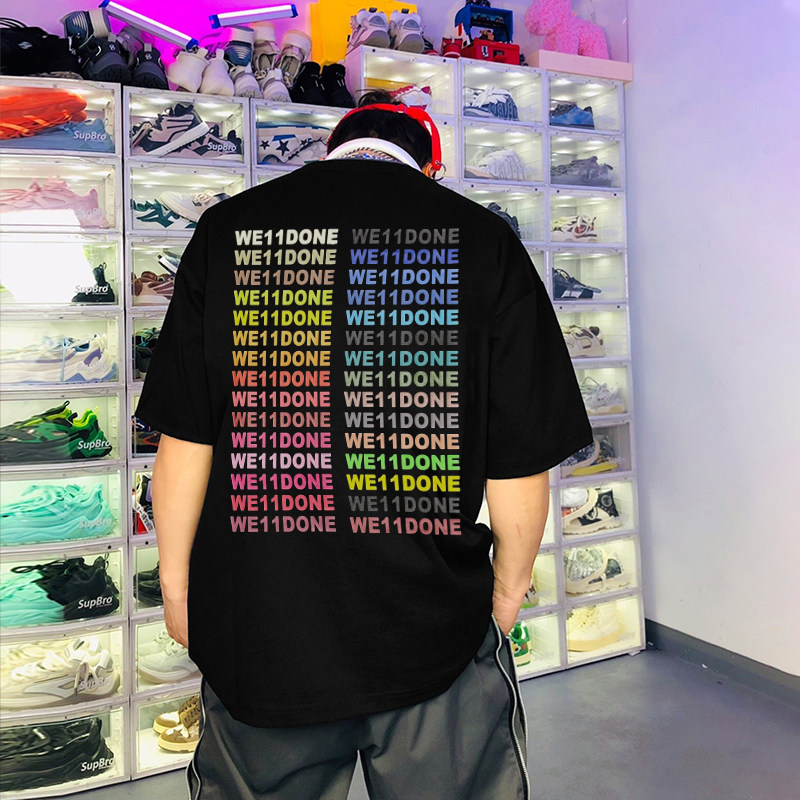 WE11DONE TRACK彩色满背弹幕夏季圆领短袖韩版宽松情侣款T恤男女_虎窝淘