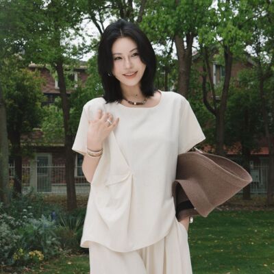真丝圆领短袖上衣松紧腰裤套装