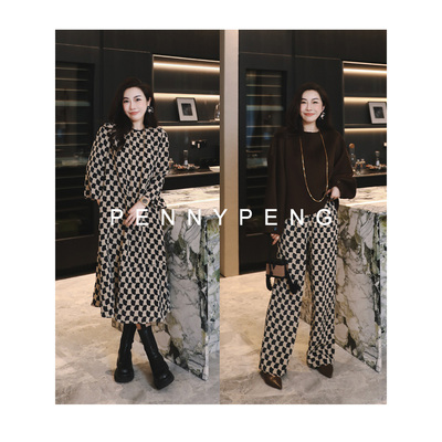 洒脱与文艺黑格宽松连衣裙休闲裤