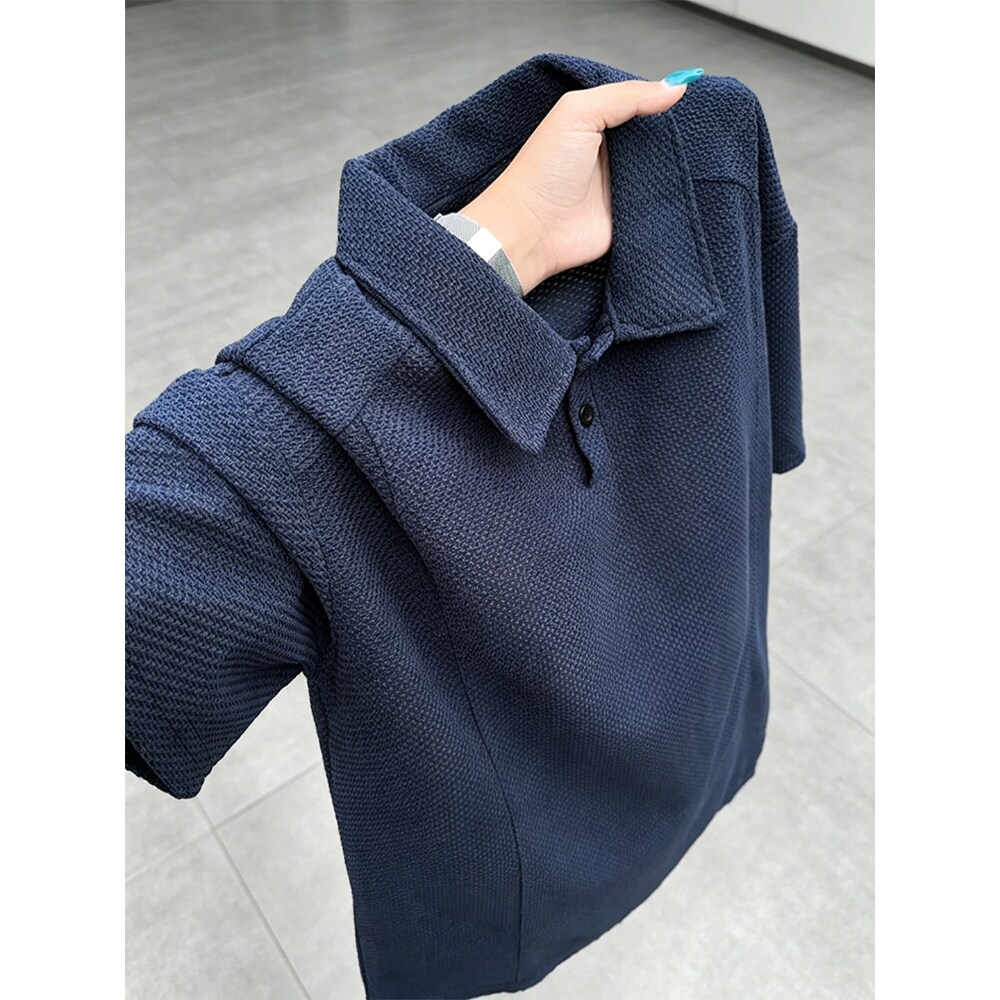 藏青色龙鳞纹透气短袖polo衫男夏季潮牌翻领正肩T恤cleanfit半袖
