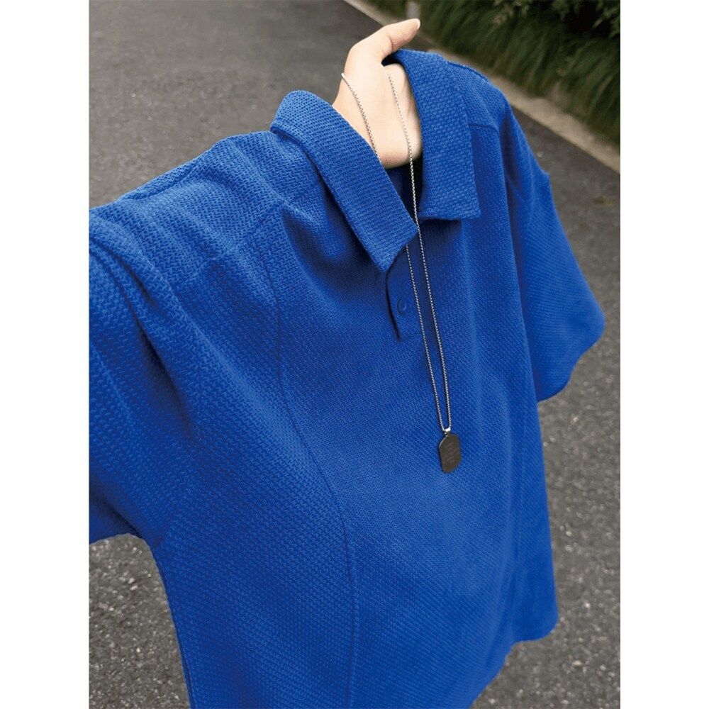 蓝色龙鳞纹翻领POLO衫短袖男夏季薄款透气肌理感T恤美式正肩半袖