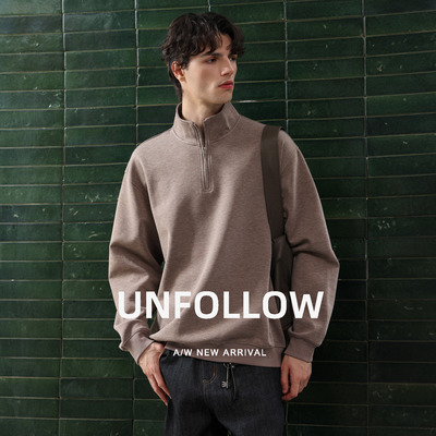 UNFOLLOW醋酸羊毛混纺半拉链立领卫衣男秋季纯色套头衫长袖上衣潮