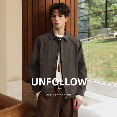 UNFOLLOW明线翻领短款假两件夹克男春秋新款简闲外套宽松通勤上衣