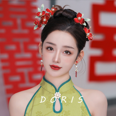 中式新娘红色绒花古典高级发簪