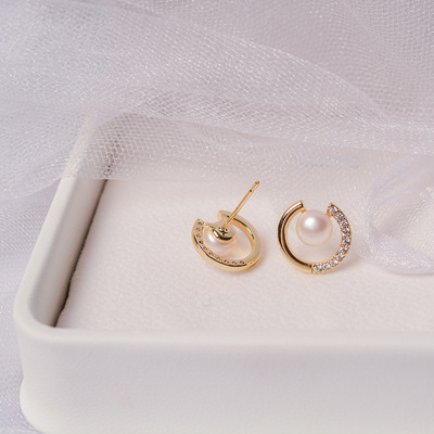 天然珍珠耳环925银针气质14k注金平面圆圈耳钉女2023年新款潮款