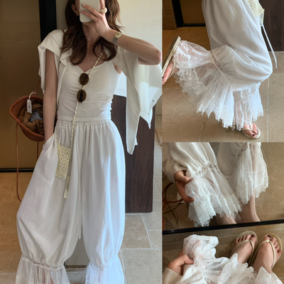 繁花慵懒巴黎Lazy～韩系百搭蕾丝拼接显瘦灯笼裤休闲裤10183