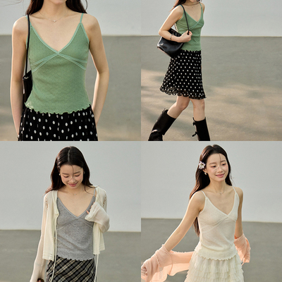 繁花小众春复古蕾丝拼接V领小吊带内搭背心（含6羊毛）AG0133D