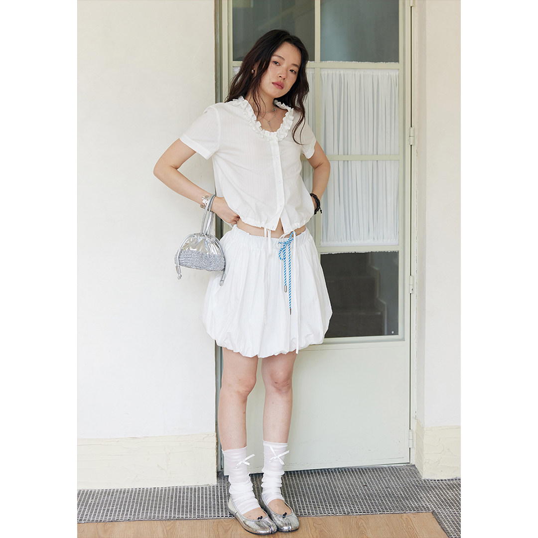 BLUEerror 高腰抽绳短款花苞裙白色半身裙女条纹短裙夏季休闲裙子