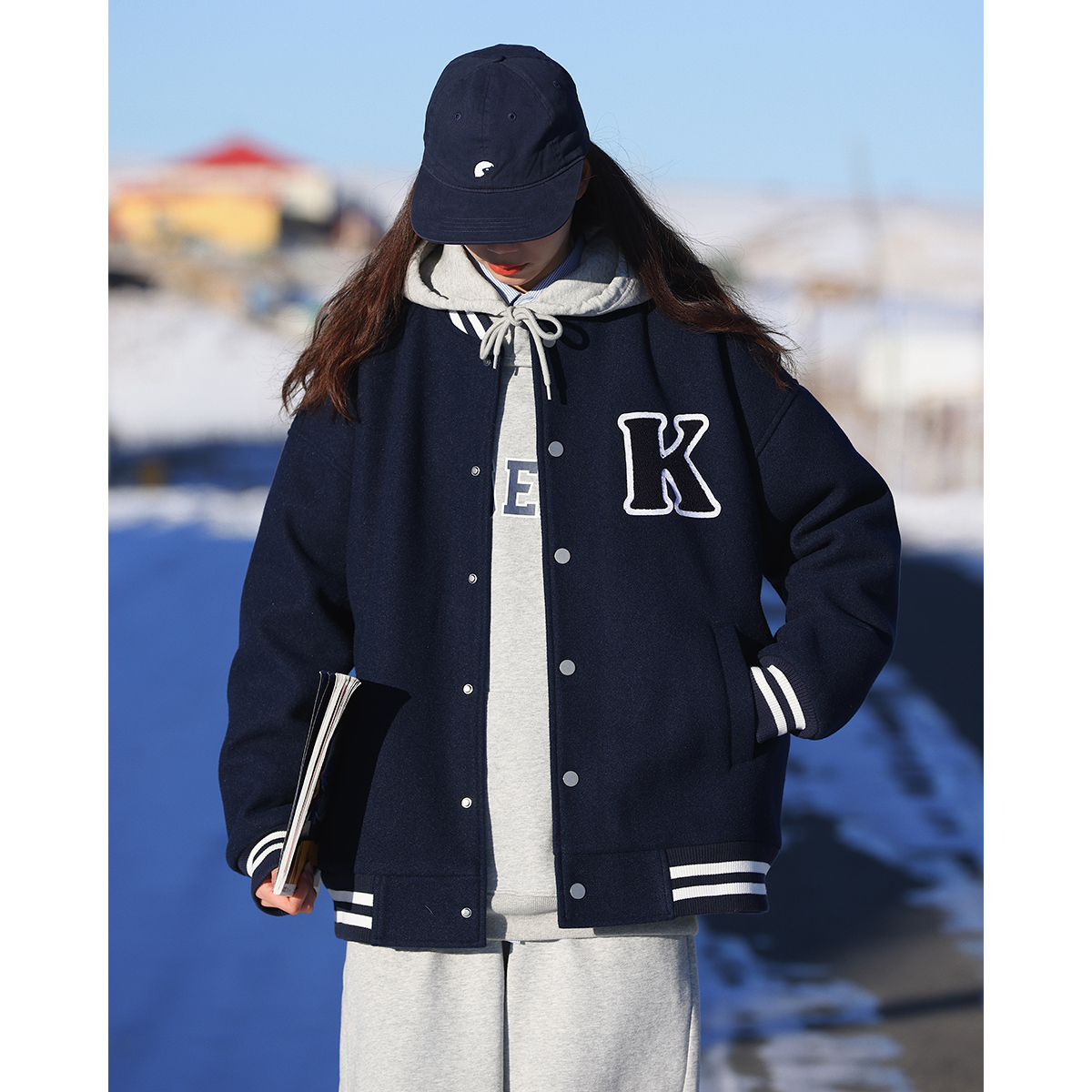 KOUEMGI空味美式复古棒球服男夹棉宽松情侣开衫夹克加厚外套女冬_虎窝淘