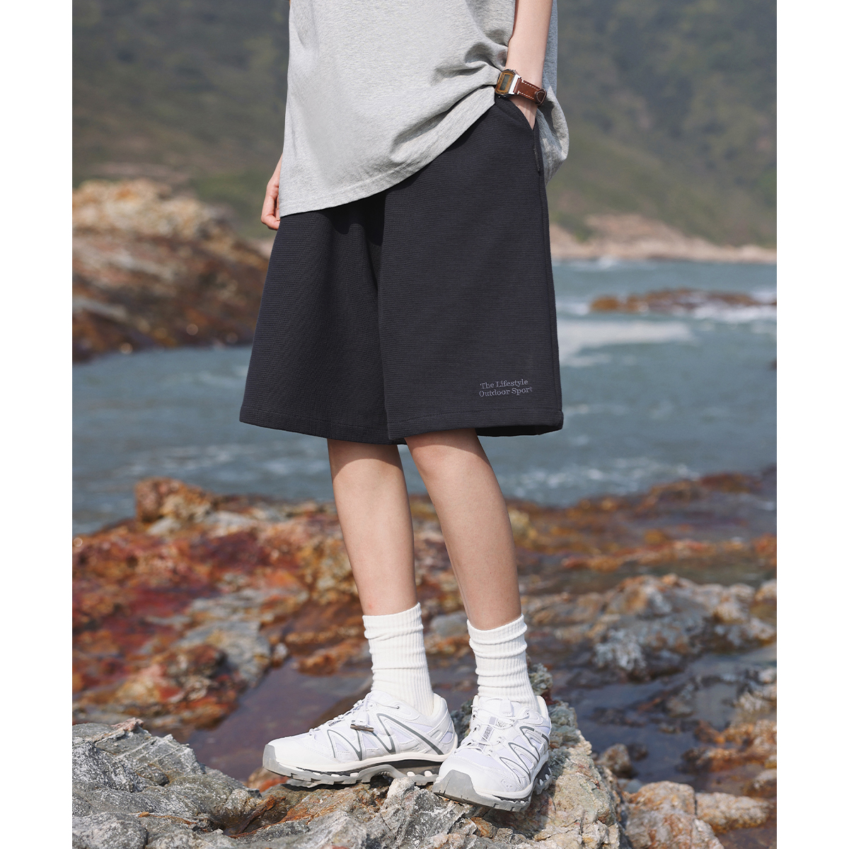 KOUEMGI空味日系夏季粗针编织重磅刺绣字母短裤男宽松百搭休闲裤_虎窝淘