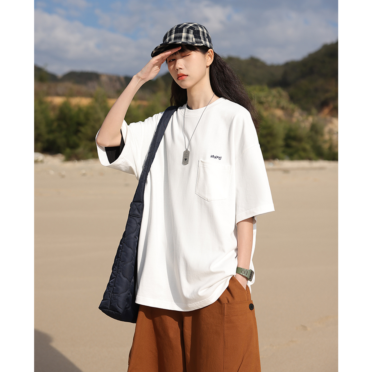 KOUEMGI空味日系夏季简约纯色300g重磅短袖T恤男宽松休闲上衣_虎窝淘