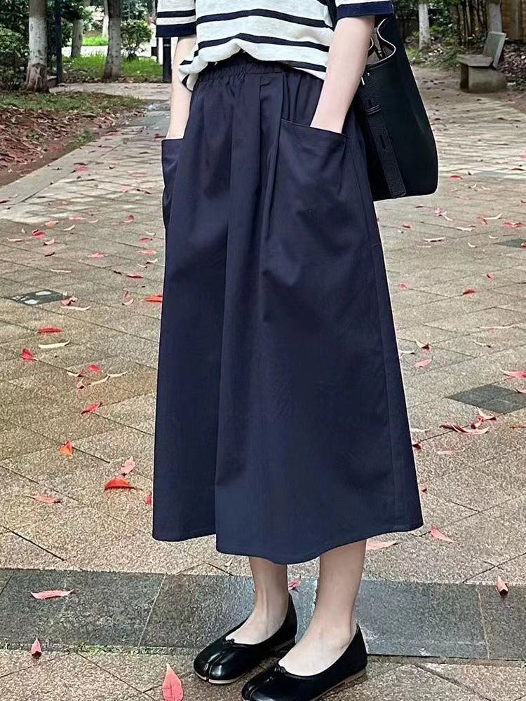 藏蓝色半身裙女夏季百搭高腰遮胯显瘦宽松大码工装伞裙a字裙子