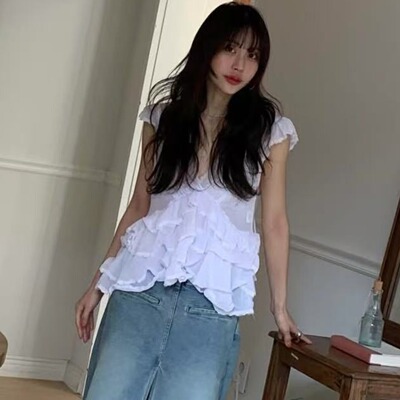 MICOCO！韩国chic可爱减龄微透飞飞袖短款上衣