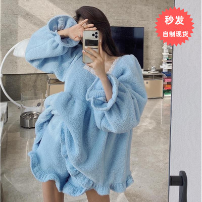 韩国白色珊瑚绒睡衣女冬季加厚可爱时尚套装法兰绒公主家居服睡裙