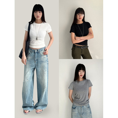 Ademe 新款2026春季美式正肩短款t恤百搭显瘦微弹短袖上衣女m3872