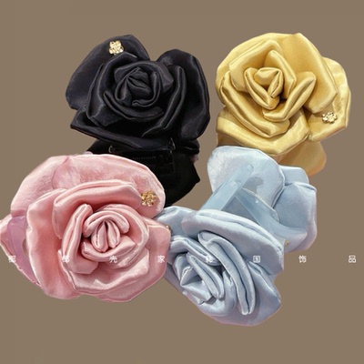 白鹿同款韩国新款复古小众气质缎面花朵抓夹女盘发鲨鱼夹发饰头饰