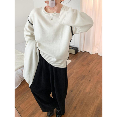 现货TOT同源女装白色圆领撞色刺绣羊毛山羊绒混纺针织衫