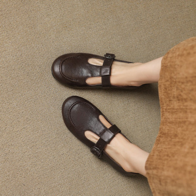 复古圆头浅口丁字带低粗跟单鞋女2025秋季新款百搭真皮黑棕米白色