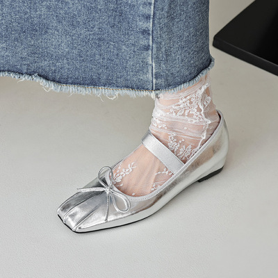 FairyWink 克里假日～！气质方头浅口蝴蝶结单鞋女平底玛丽珍鞋