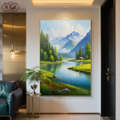 日照金山玄关装饰画大芬村手绘油画客厅挂画高级感入户正对门壁画