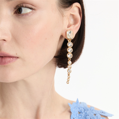 欧美设计师款水钻金色长款耳夹