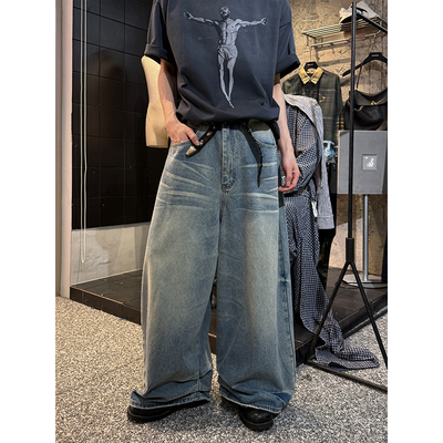 水洗猫须阔腿男士牛仔裤潮