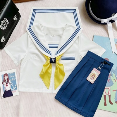 蓝三本日系JK水手服短袖套装