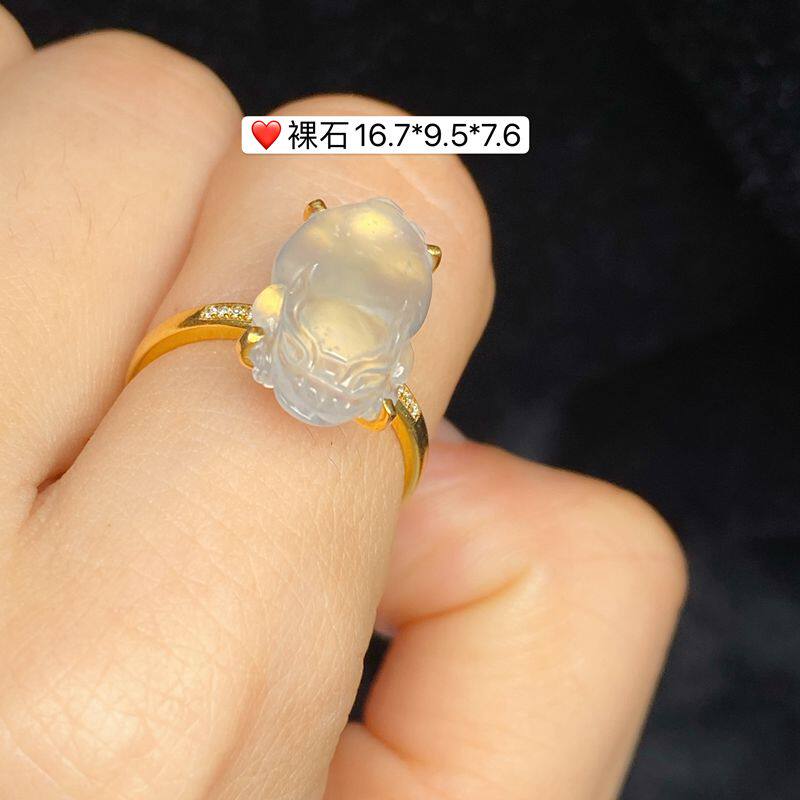 定制花翡翠天然缅甸A货翡翠纯白冰金蟾戒指送礼送妈妈戒指女手饰